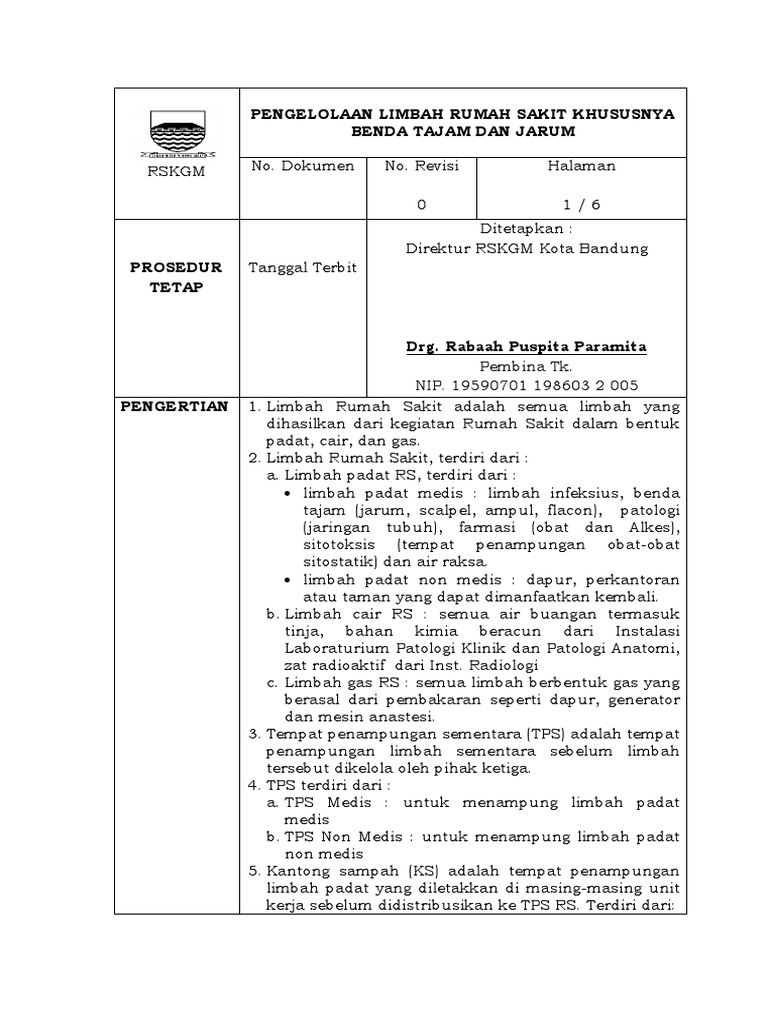 SPO PENGELOLAAN LIMBAH RS Khususnya Benda Tajam Dan Jarum | PDF
