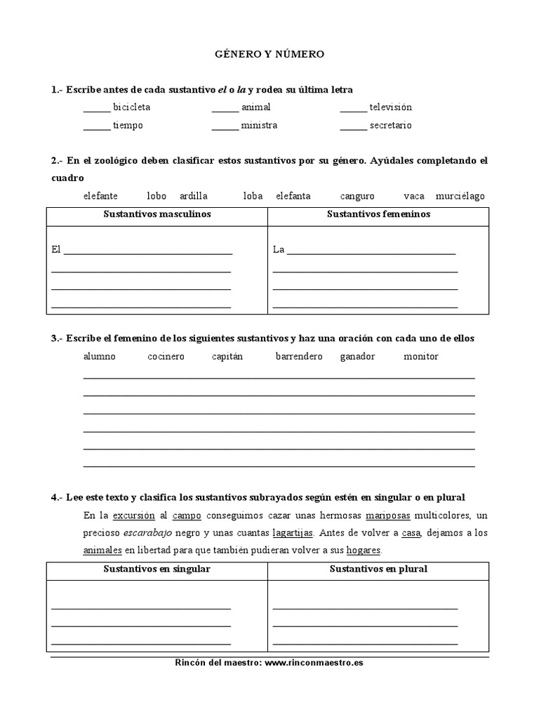 Ejercicios de Género y Número en Sustantivos | PDF | Sustantivo ...