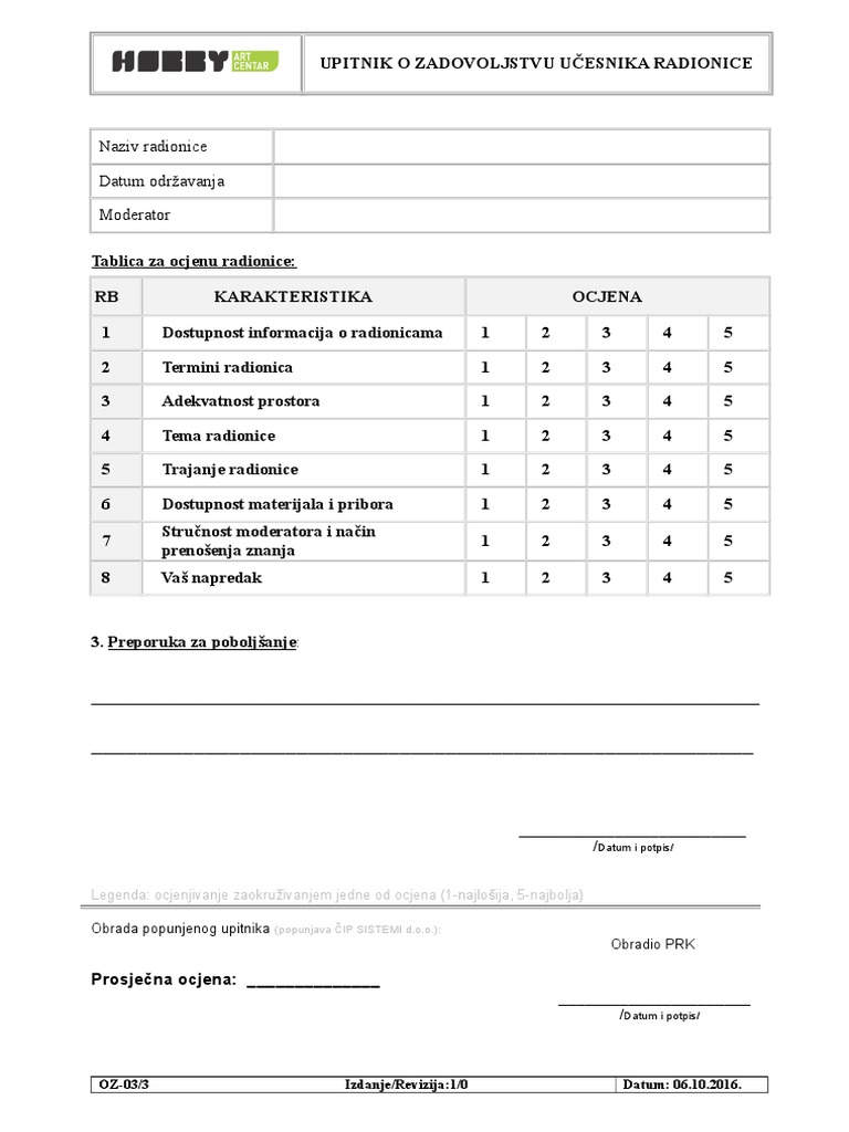 Upitnik o Zadovoljstvu Učesnika Radionice | PDF