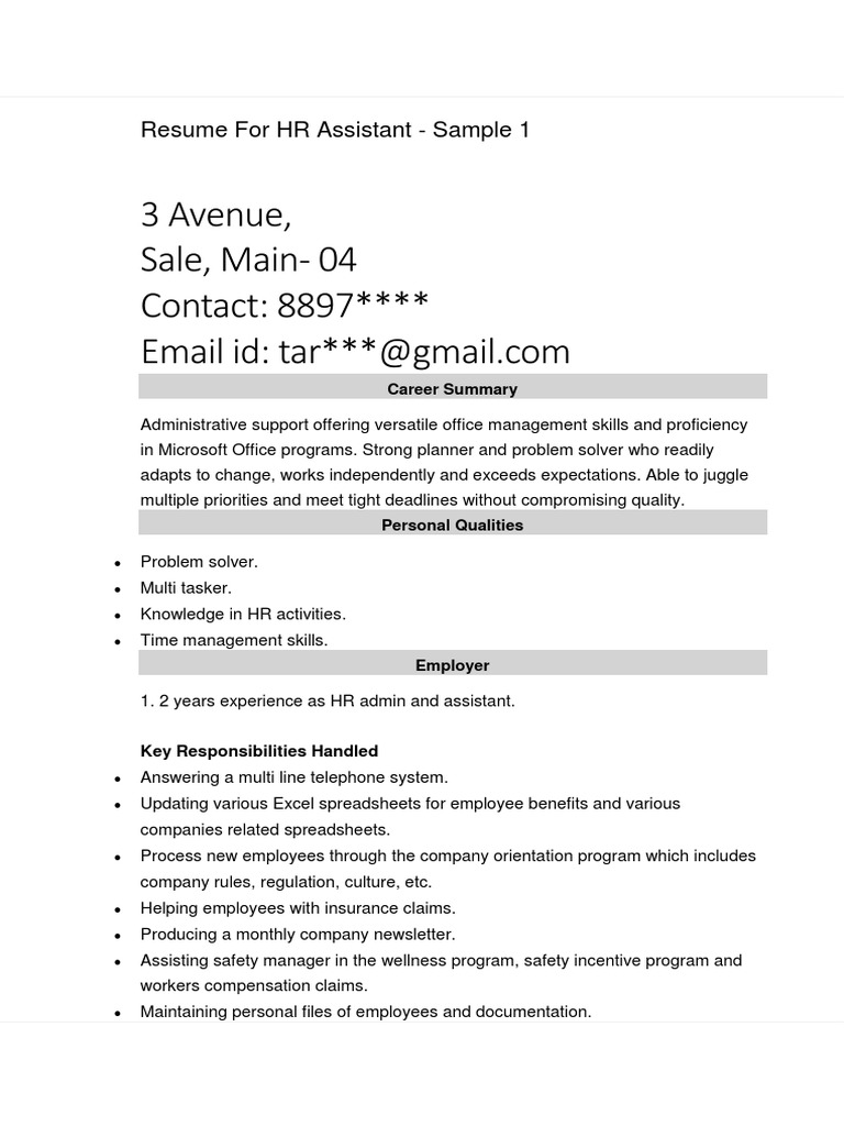 Resume For HR Assistant | PDF | Performance Appraisal | Employment
