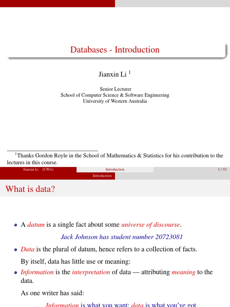 Databases - Introduction: Jianxin Li | PDF | Relational Model | Databases