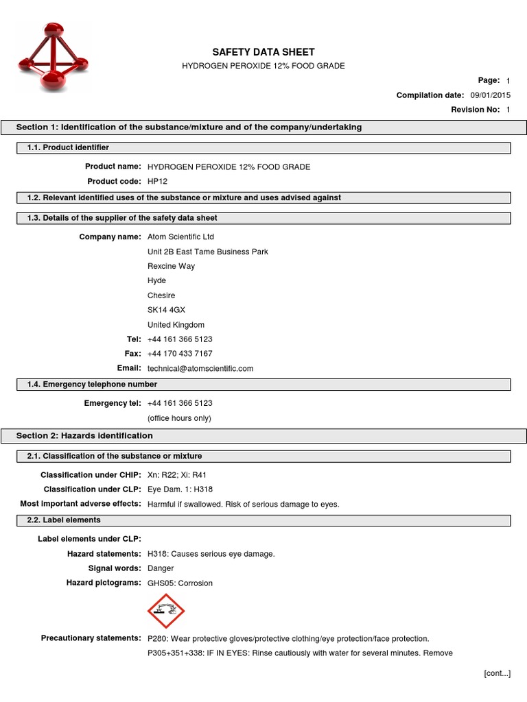 Hydrogen Peroxide 12% Food Grade | PDF | Safety | Chemistry