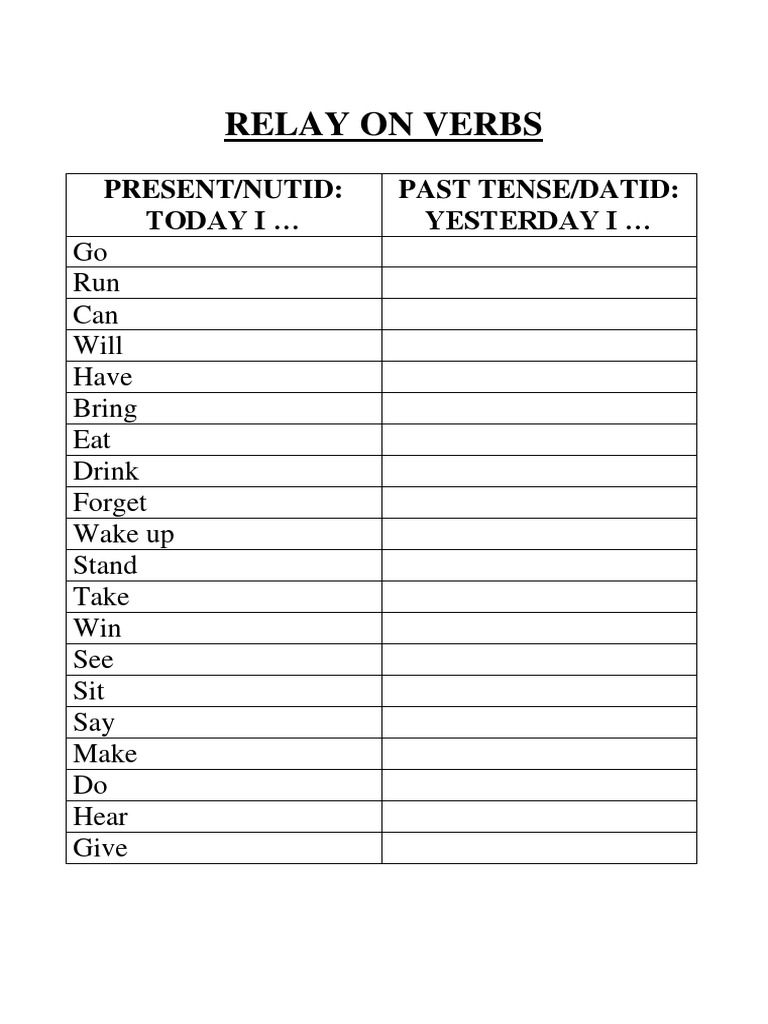 Relay On Verbs: Present/Nutid: Today I Past Tense/Datid: Yesterday I | PDF