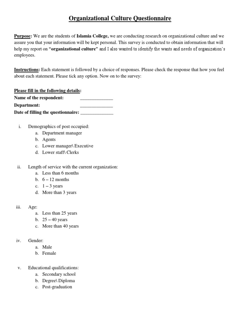Organizational Culture Questionnaire New | Questionnaire | Survey ...