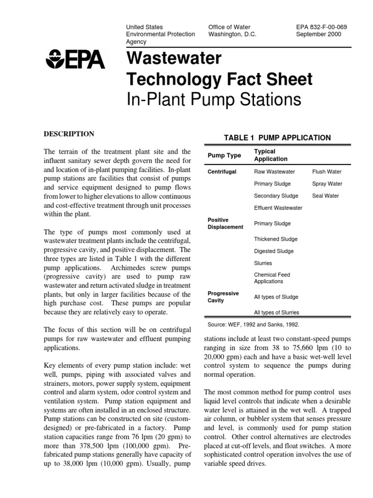EPA Fact Sheet on In-Plant Wastewater Pump Stations | PDF | Pumping ...