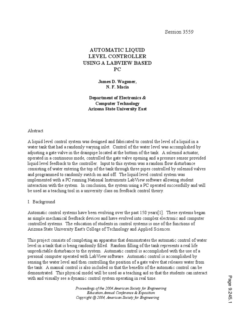 Automatic Liquid Level Controller Using Labview | PDF | Control Theory ...