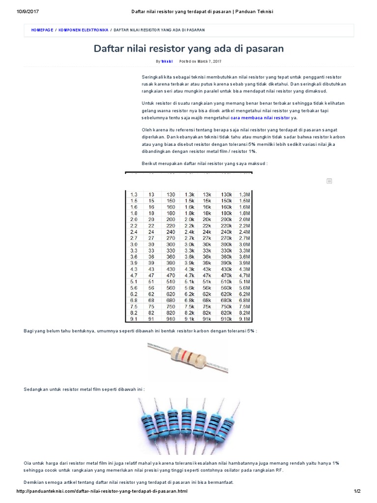 Daftar Nilai Resistor Yang Terdapat Di Pasaran - Panduan Teknisi | PDF