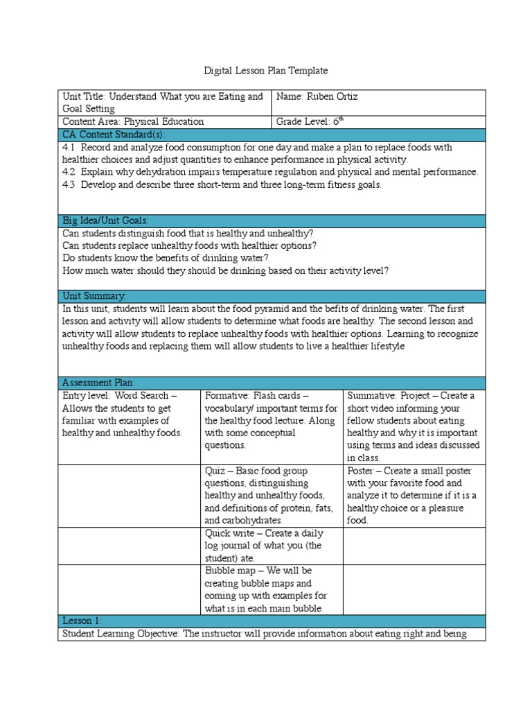 Digital Lesson Plan: Healthy Eating Unit | PDF | Meal | Junk Food