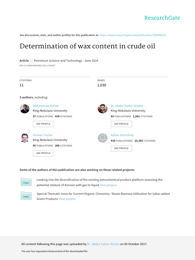 Determination of Wax Content in Crude Oil | PDF | Alkane | Petroleum