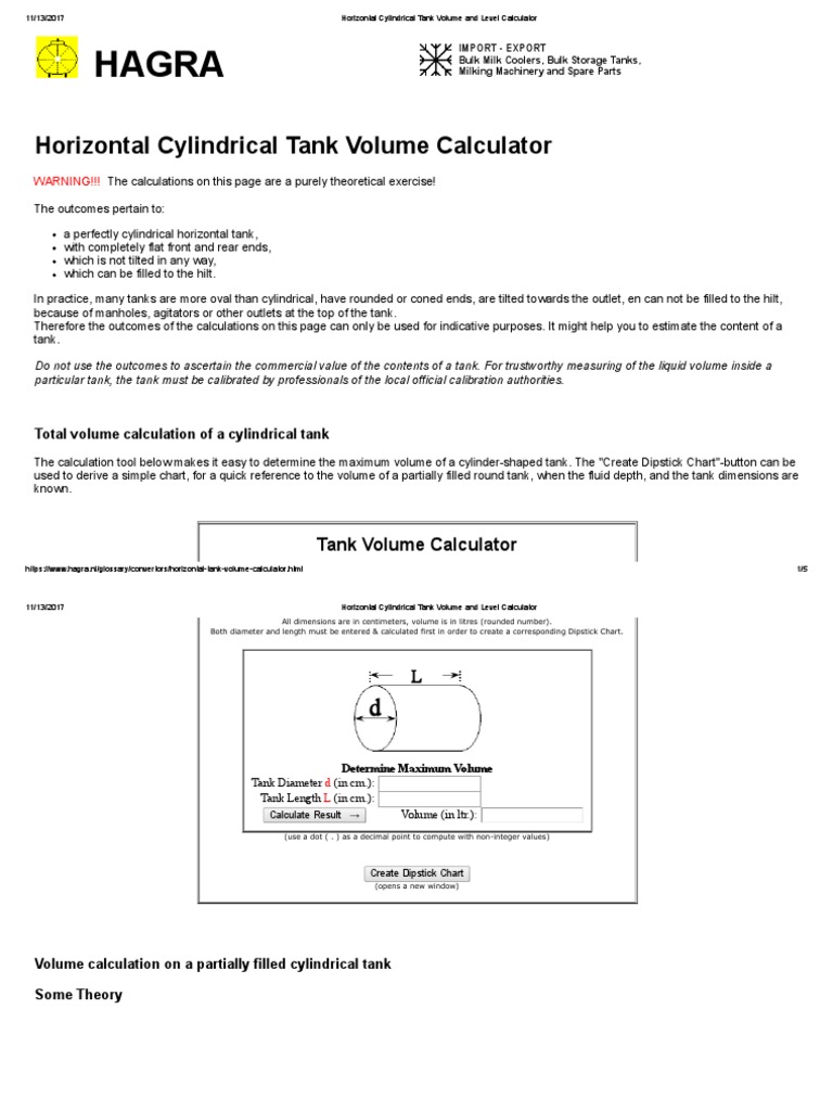 Horizontal Cylindrical Tank Volume and Level Calculator | Volume | Litre