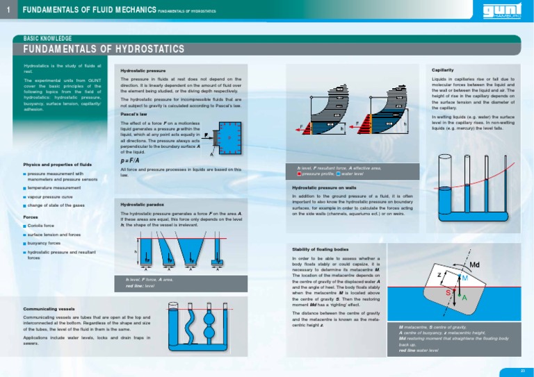 Fundamentals of Hydrostatics: Basic Knowledge | PDF | Pressure | Liquids