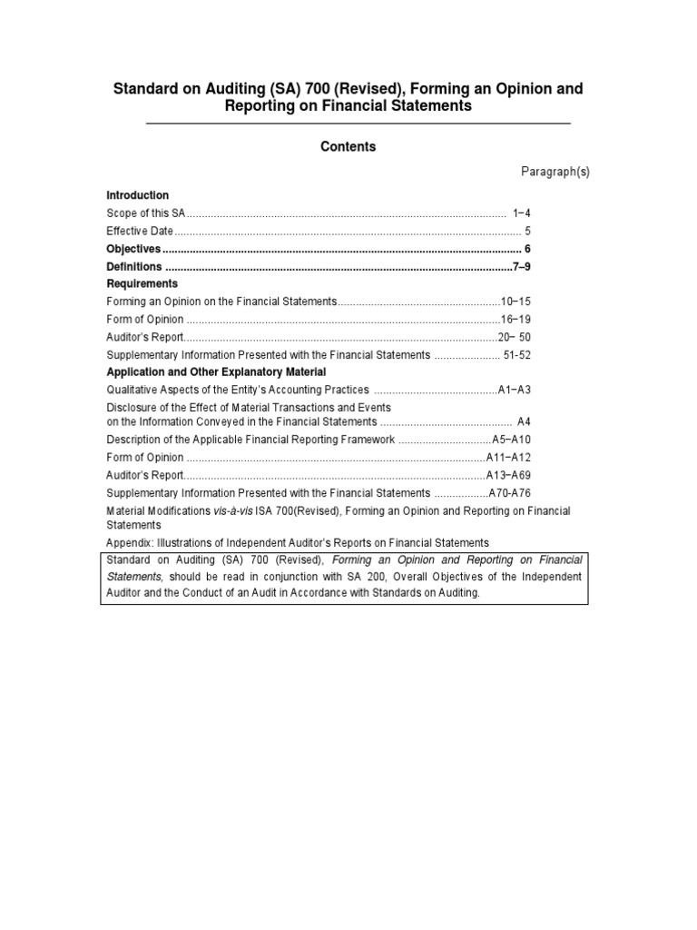 Standard On Auditing (SA) 700 (Revised), Forming An Opinion and ...
