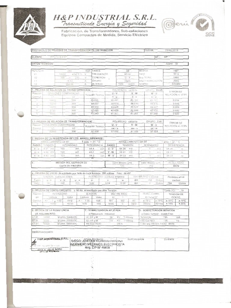Protocolo de Pruebas Transformador - Seccionador | PDF