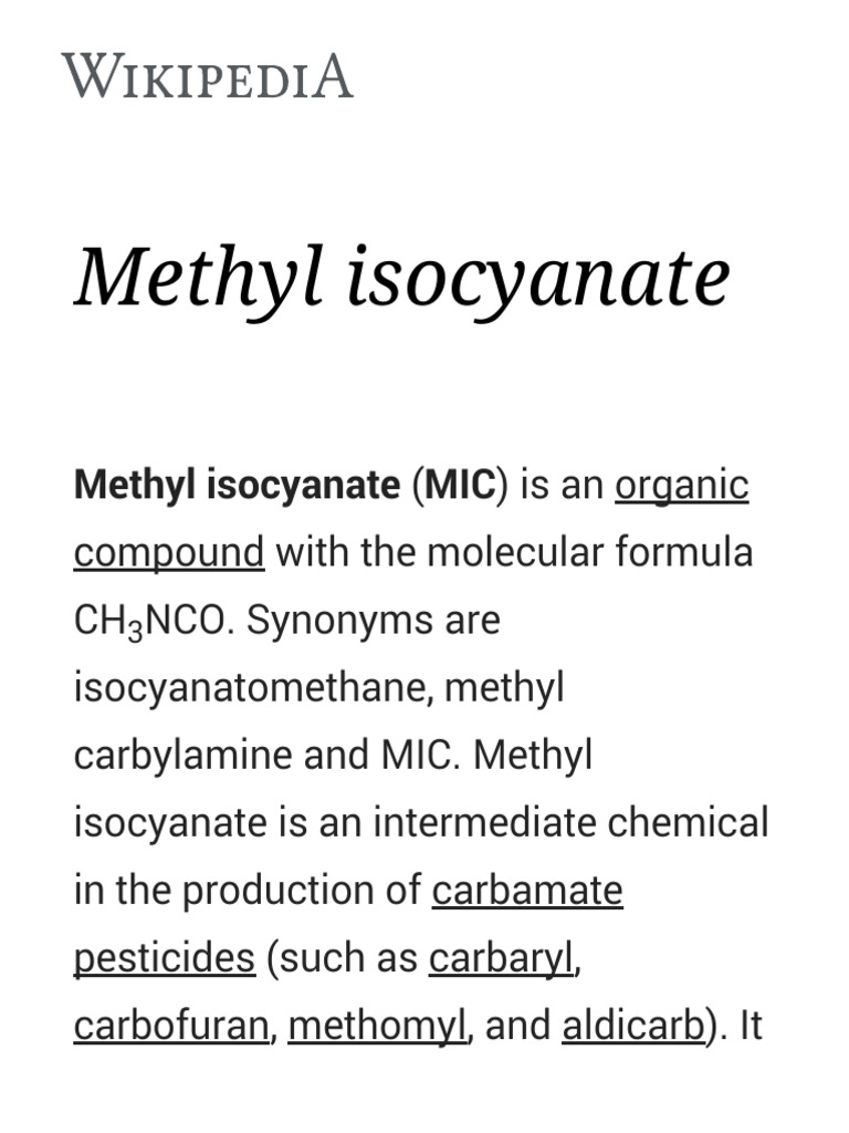 Methyl Isocyanate Overview and Hazards | PDF | Chemical Substances ...