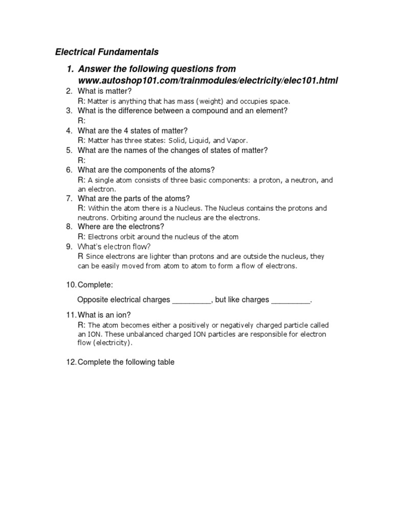 Electrical Fundamentals 1. Answer The Following Questions From | PDF ...