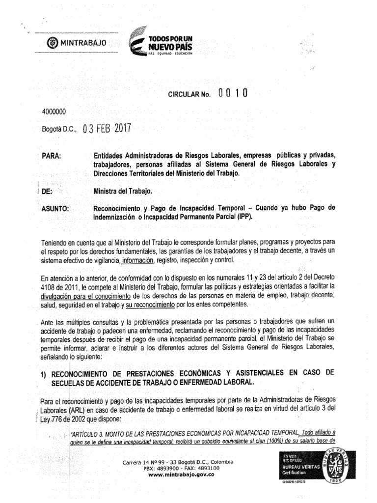 Circular 0010 Del 3 de Febrero 2017, Pago de Incapacidad Temporal Despues de Pagada Una IPP PDF ...