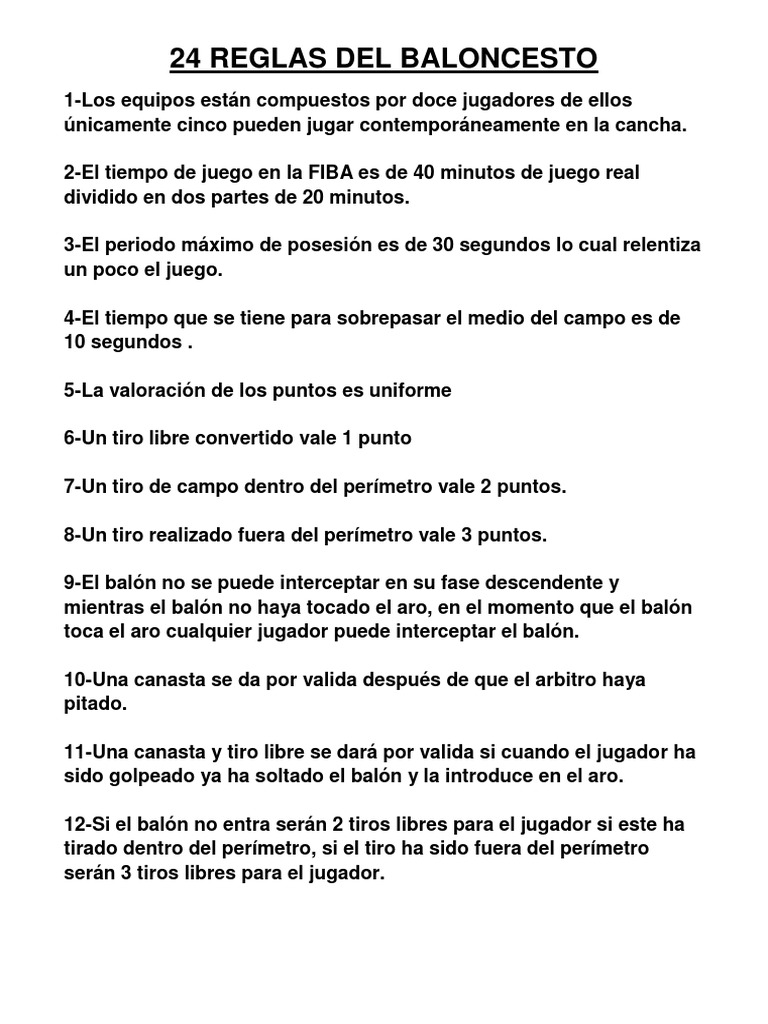 24 Reglas Del Baloncesto