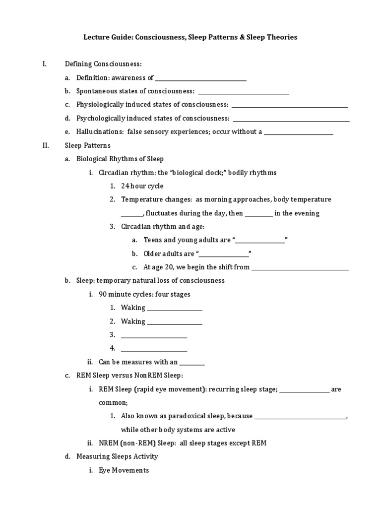 Lecture Guide: Consciousness, Sleep Patterns & Sleep Theories | PDF ...
