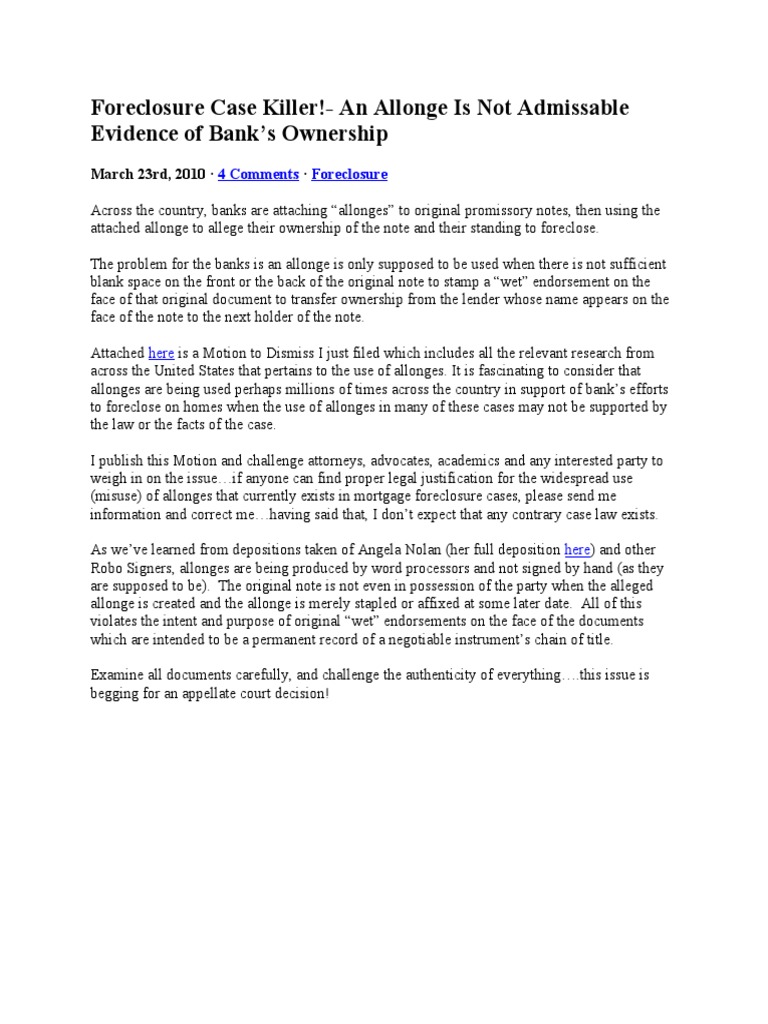 Foreclosure Case Killer!-An Allonge Is Not Admissable Evidence of Bank ...