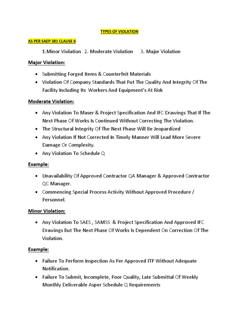 Types of Violations per SAEP 381 | PDF