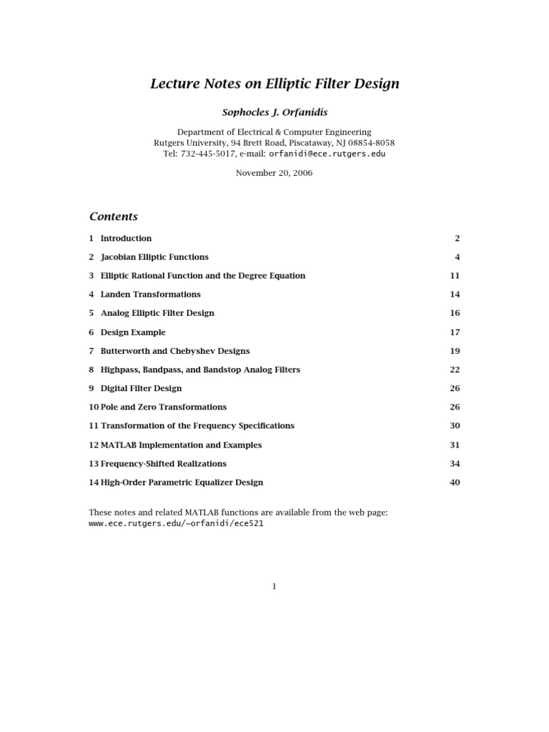 Elliptic Filter Design Fundamentals | PDF | Mathematical Analysis ...
