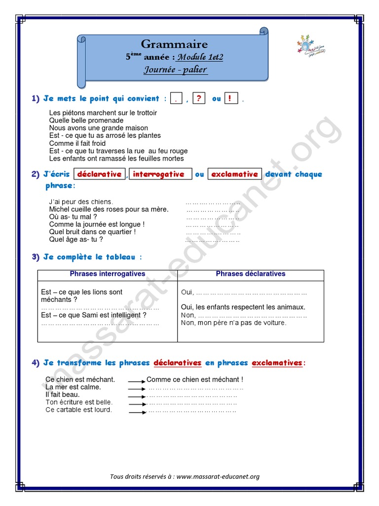 Grammaire 5ème année : Phrases et Exemples | PDF | Loisirs