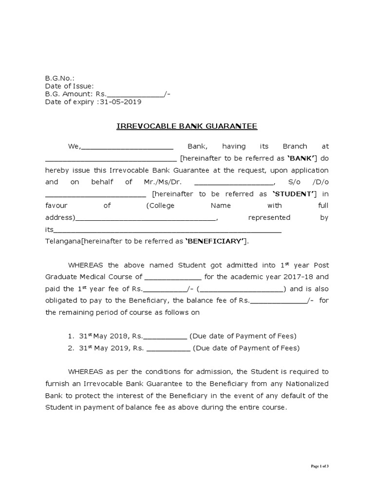 Bank Gurantee Format | Guarantee | Fee