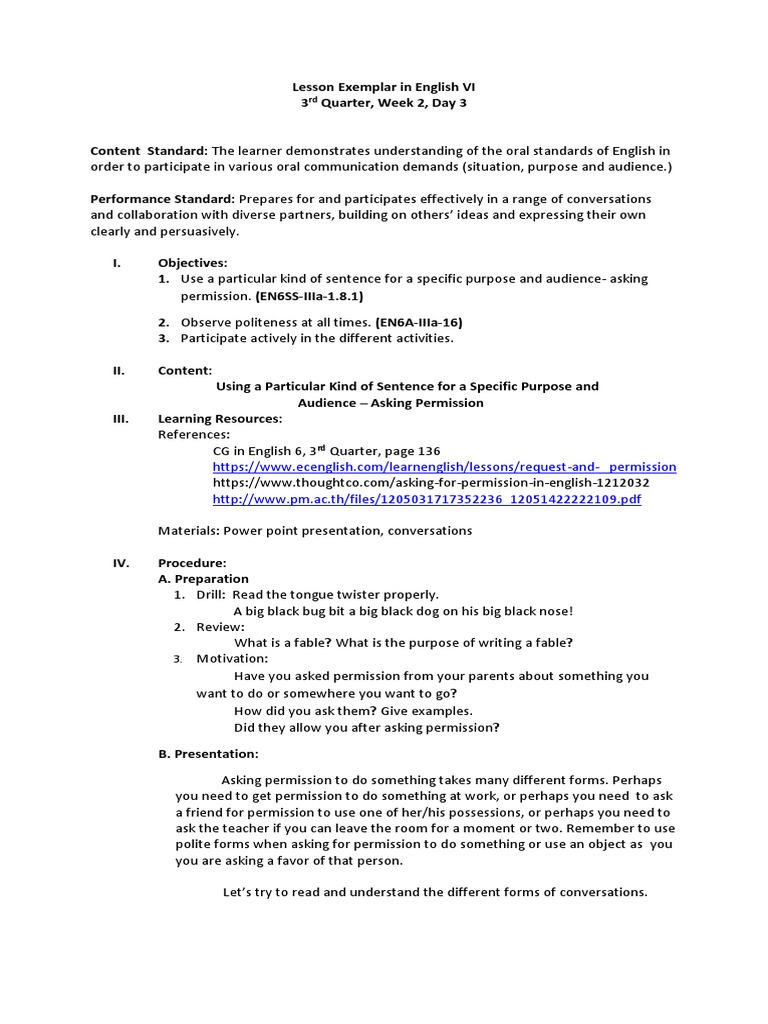 Lesson Exemplar in English VI | English Language | Primary Sources