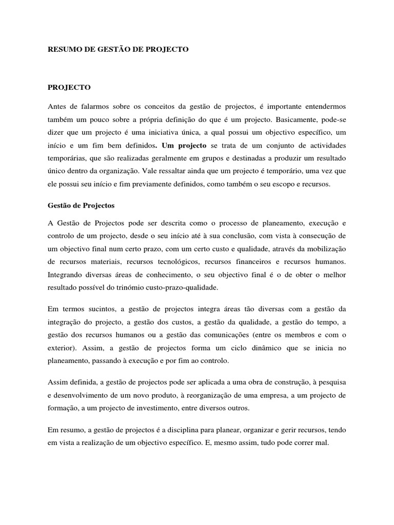 Resumo de Gestao de Projecto | Gerenciamento de projetos | Qualidade ...