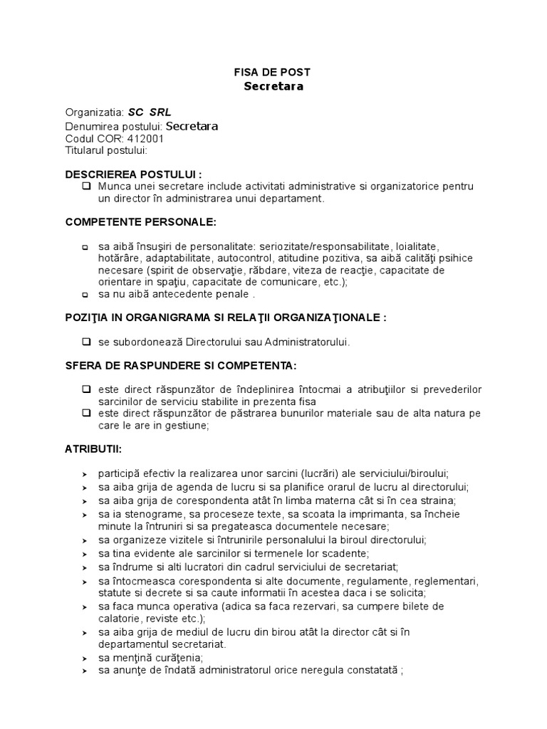 Fisa de Post Secretara | PDF