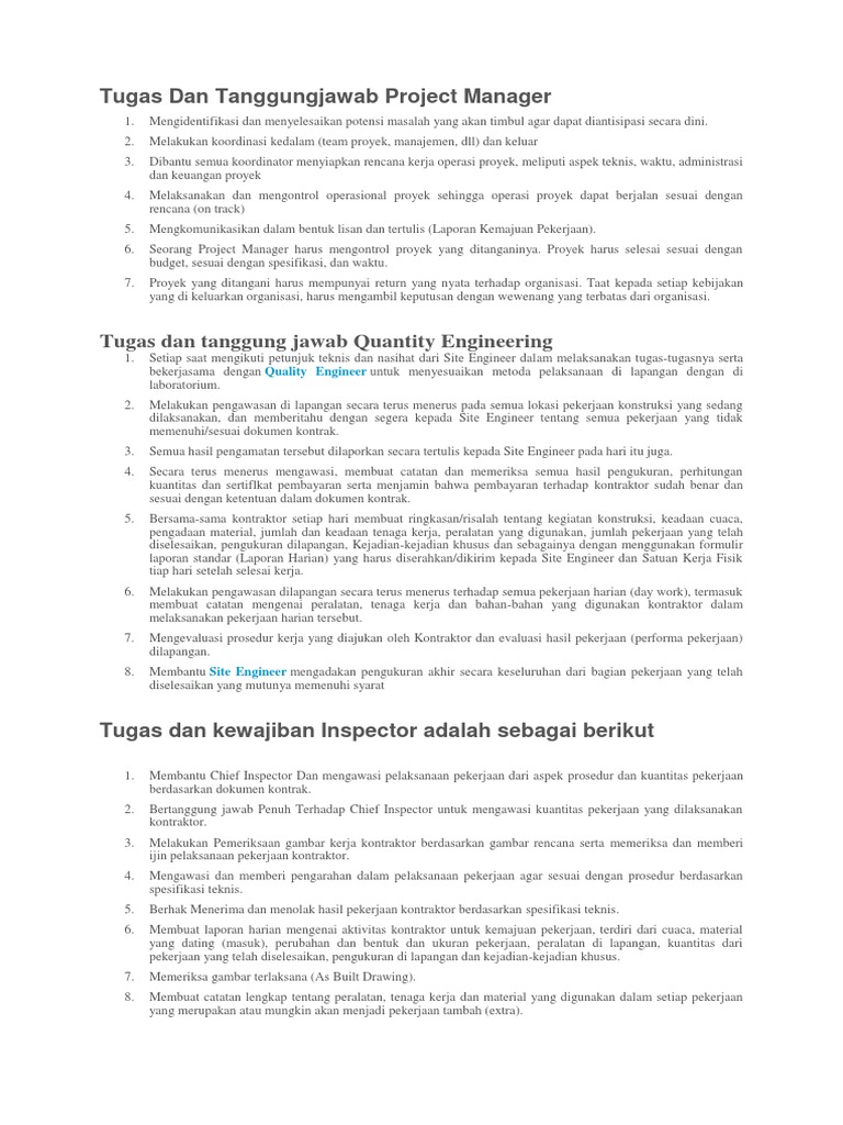 Tugas Dan Tanggungjawab Project Manager | PDF
