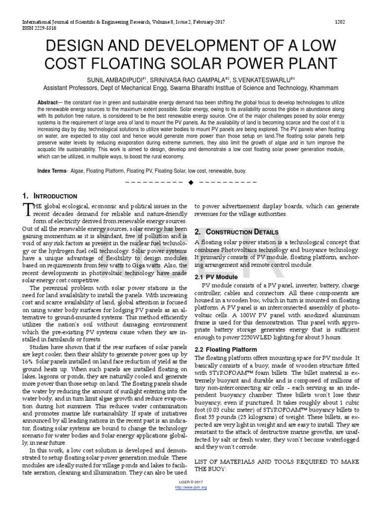 Design and Development of A Low Cost Floating Solar Power Plant | PDF ...