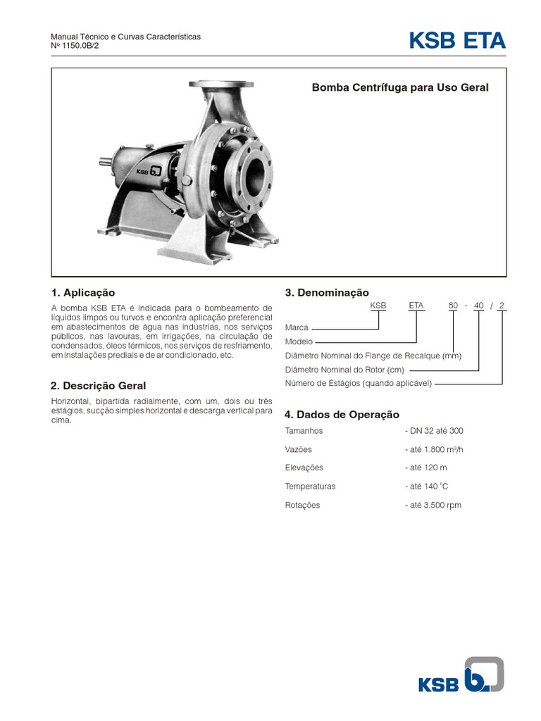 Manual Técnico e Curvas Caract Bombas KSB Linha ETA | Bomba | Máquinas