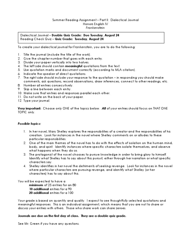 English IV Honors Summer Reading Assignment - Frankenstein Dialectical ...