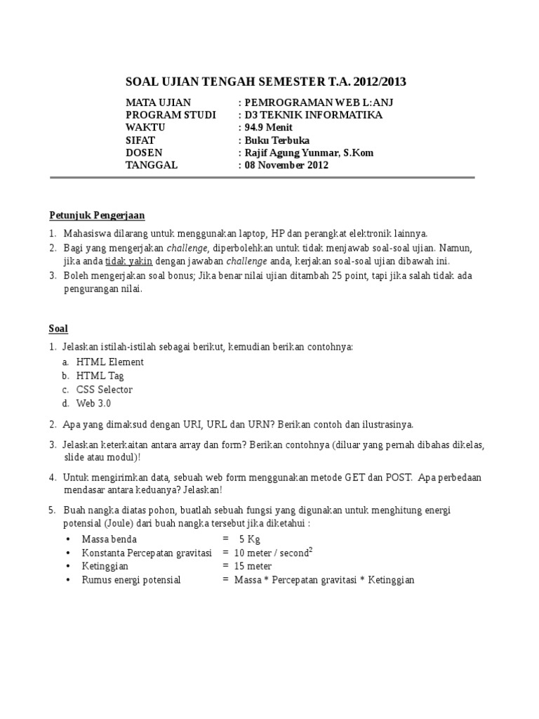Soal UTS Dan Kunci Jawaban Pemrograman Web | PDF