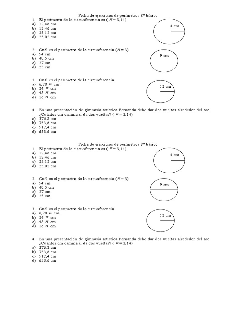 Ficha de Ejercicios de Perímetros de Circunferencia Con Alternativas