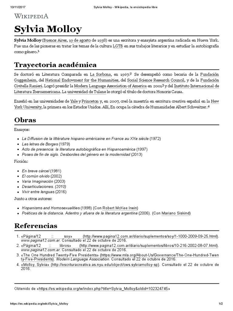 Sylvia Molloy - Wikipedia, La Enciclopedia Libre | PDF | Wikipedia