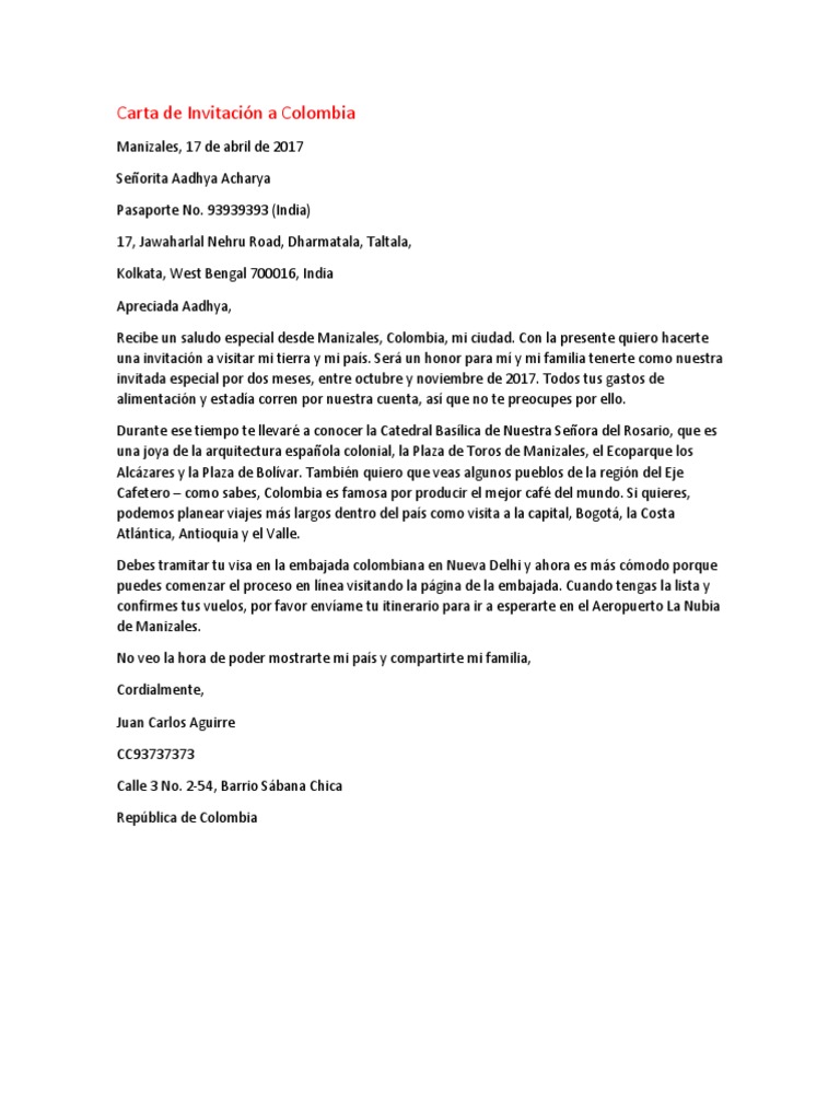 Modelo Carta De Invitacion Visa Estados Unidos Modelo