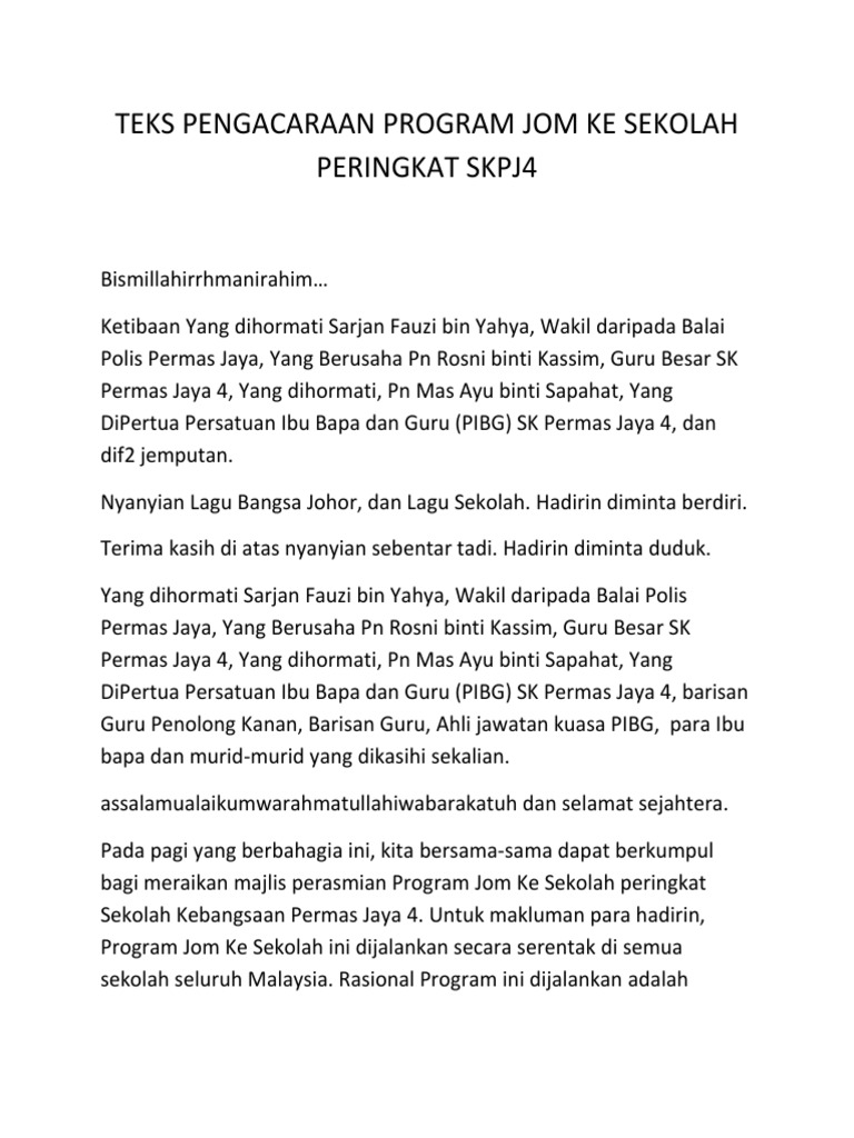 Teks Pengacaraan Program Jom Ke Sekolah | PDF