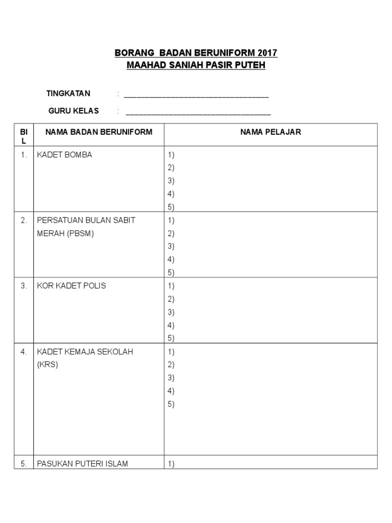 Borang Badan Beruniform Ting 1 | PDF