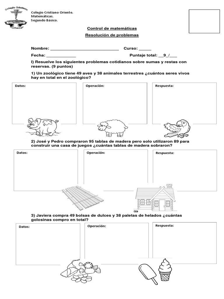 Prueba de Matemáticas (Resolucion de Preblemas Sumas y Restas Con ...