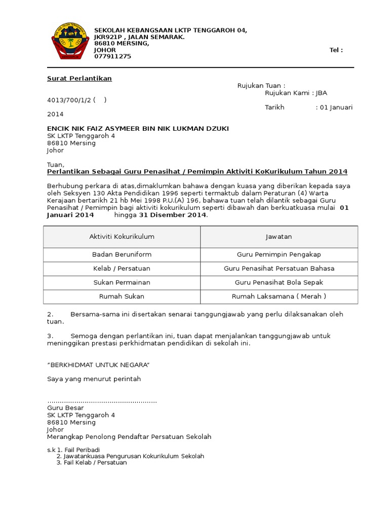 Contoh Surat Perlantikan Guru Penasihat | PDF