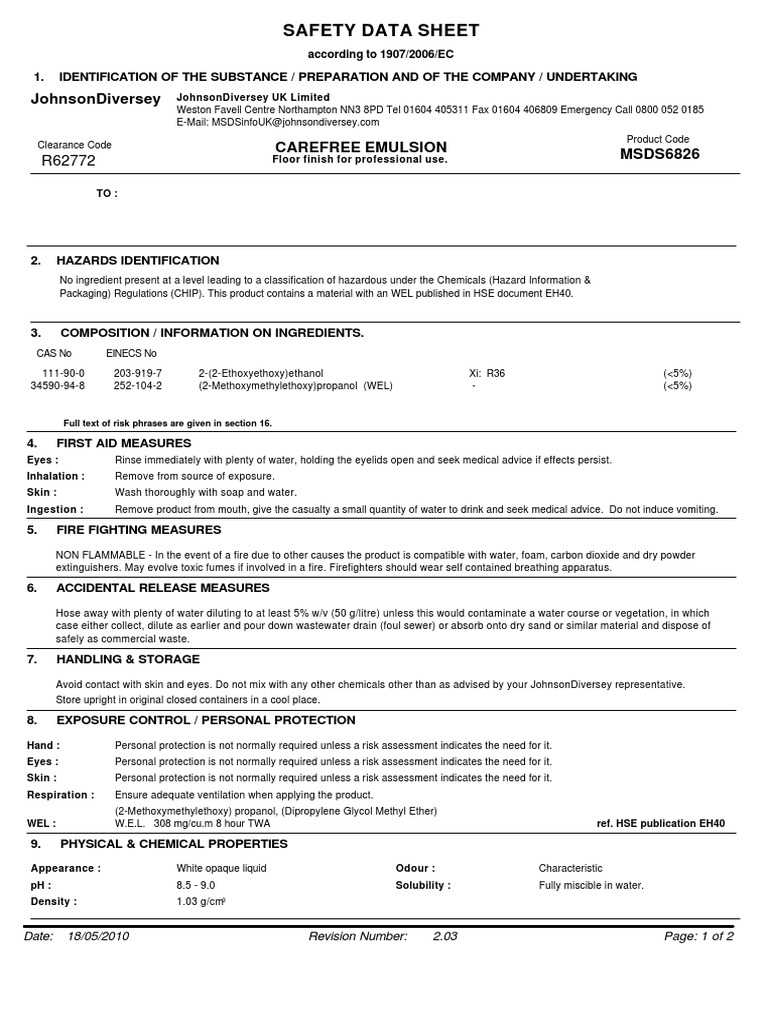 Carefree Emulsion Safety Data Sheet | PDF | Safety | Chemistry