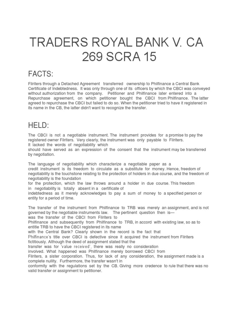 Traders Royal Bank V. Ca 269 SCRA 15: Facts | PDF | Social Science | Law