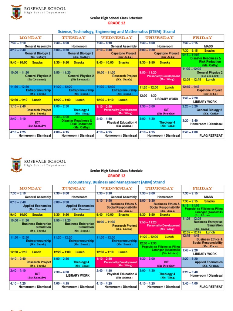 Senior High School Class Schedule (Final) | PDF | Science, Technology ...