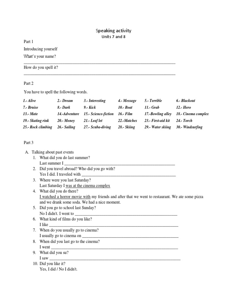 Speaking Activity: Units 7 and 8 | PDF | Sports | Leisure