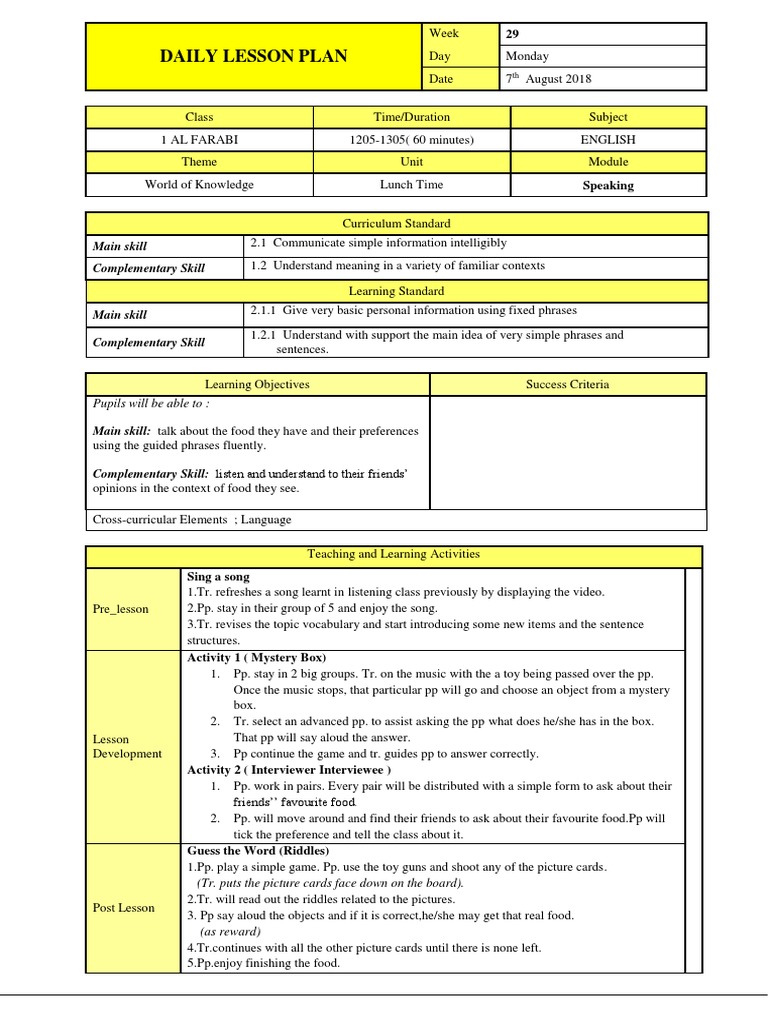 Daily Lesson Plan: Main Skill Complementary Skill | PDF | Lesson Plan ...