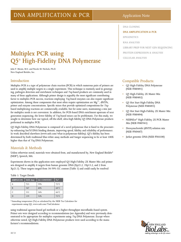 Multiplex PCR Using Q5 High-Fidelity DNA Polymerase | PDF | Polymerase ...