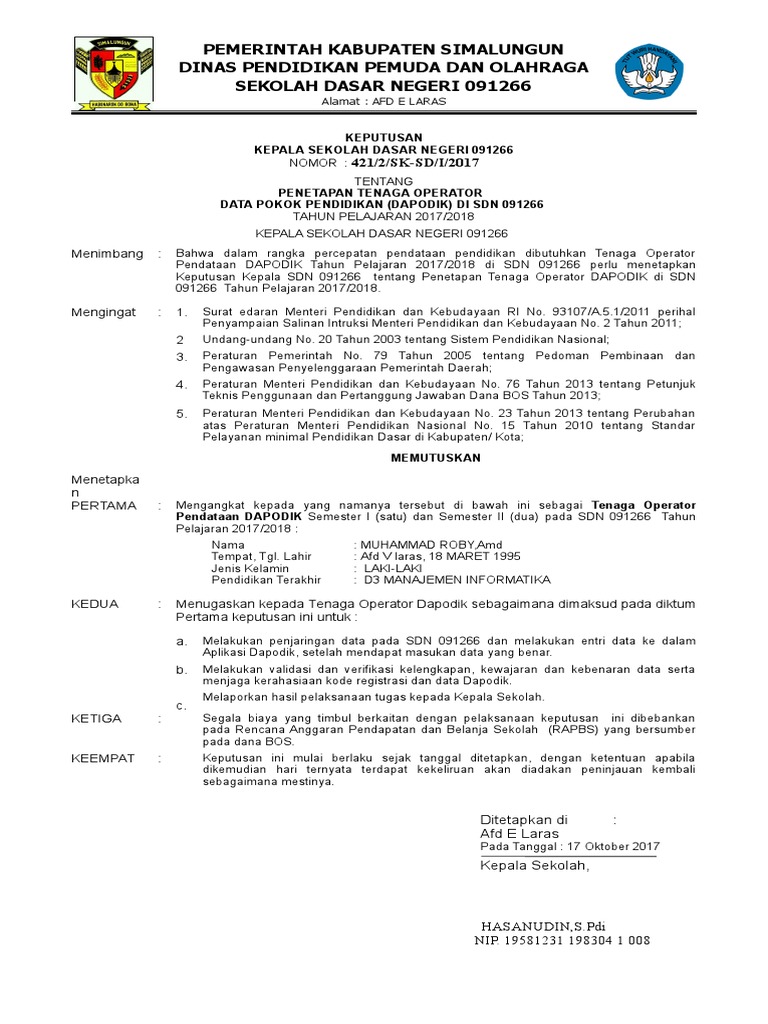 Contoh Sk Operator Sekolah Dasar