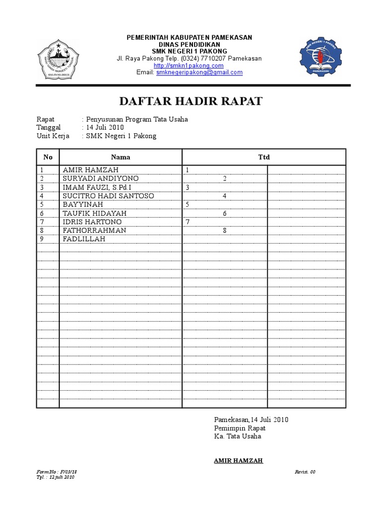 Daftar Hadir Rapat | PDF